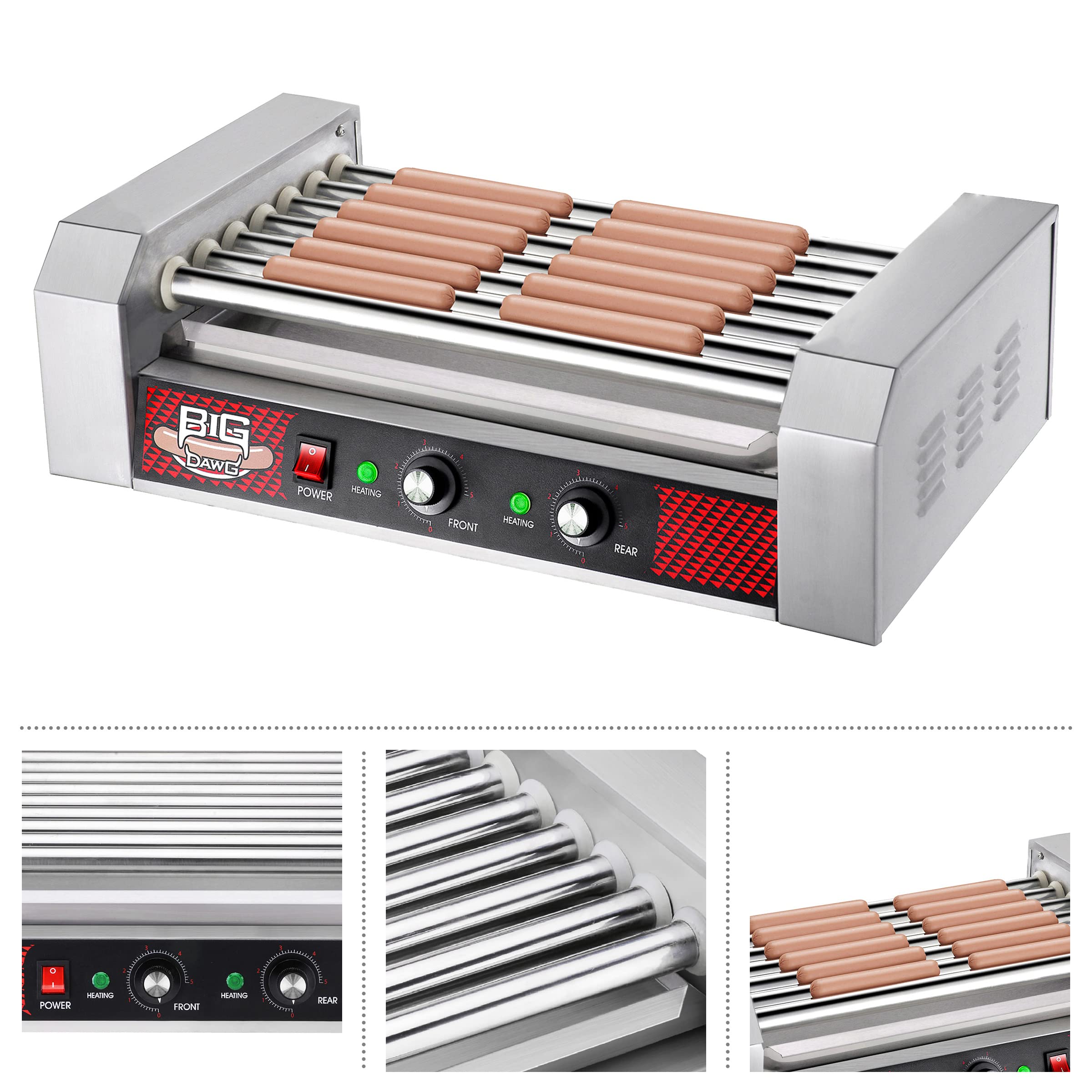 Hot Dog Roller Machine – Stainless-Steel Cooker with 7 Non-Stick Rollers – Cooks 18 Hot Dogs – Concession Stand Supplies by Great Northern Popcorn