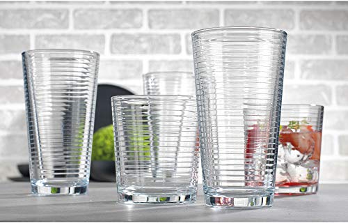 Le'raze Set of 16 Heavy Base Ribbed Durable Drinking Glasses Includes 8 Cooler Glasses (17oz) and 8 Rocks Glasses (13oz) - Clear Glass Cups - Elegant Glassware Set. Cordial Glasses