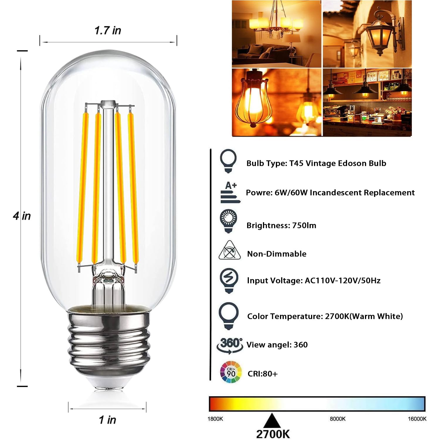 JIPRES 6-Pack T45 LED Bulb,6W E26 LED Bulb Dimmable Equivalent E26 Bulb 60 Watt,Warm White 3000K E26 Edison Bulb,AC120V,600lm,CRI85,Clear Glass,Tubular Light Bulb