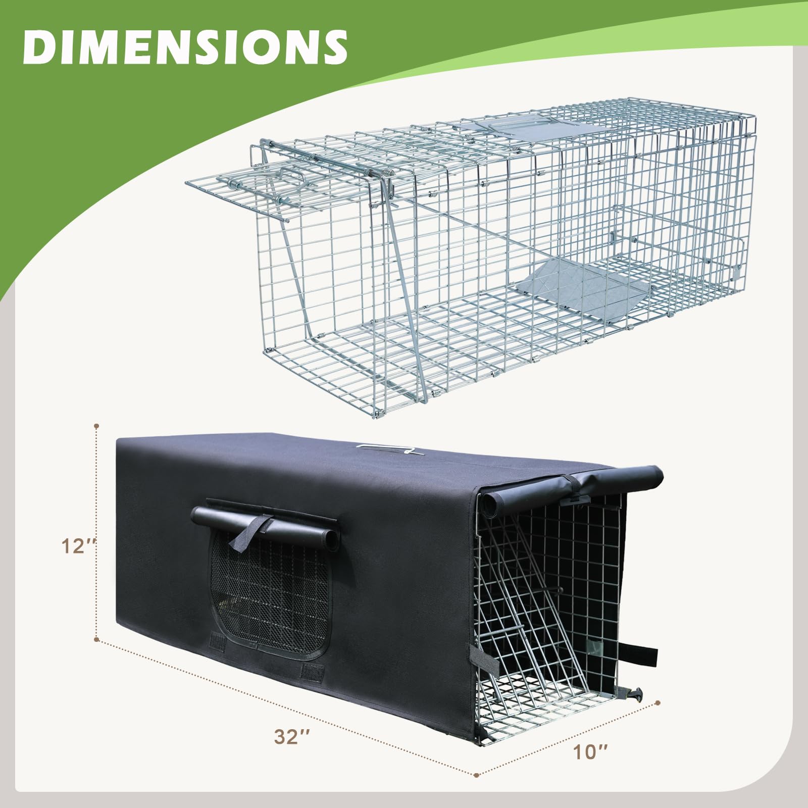 Anmials Trap Cage with Cover & Glove, Trap Cages Cover with Mesh Window for 1-2 Door Humane Animal Trap Cage 32 x 10 x 12inch