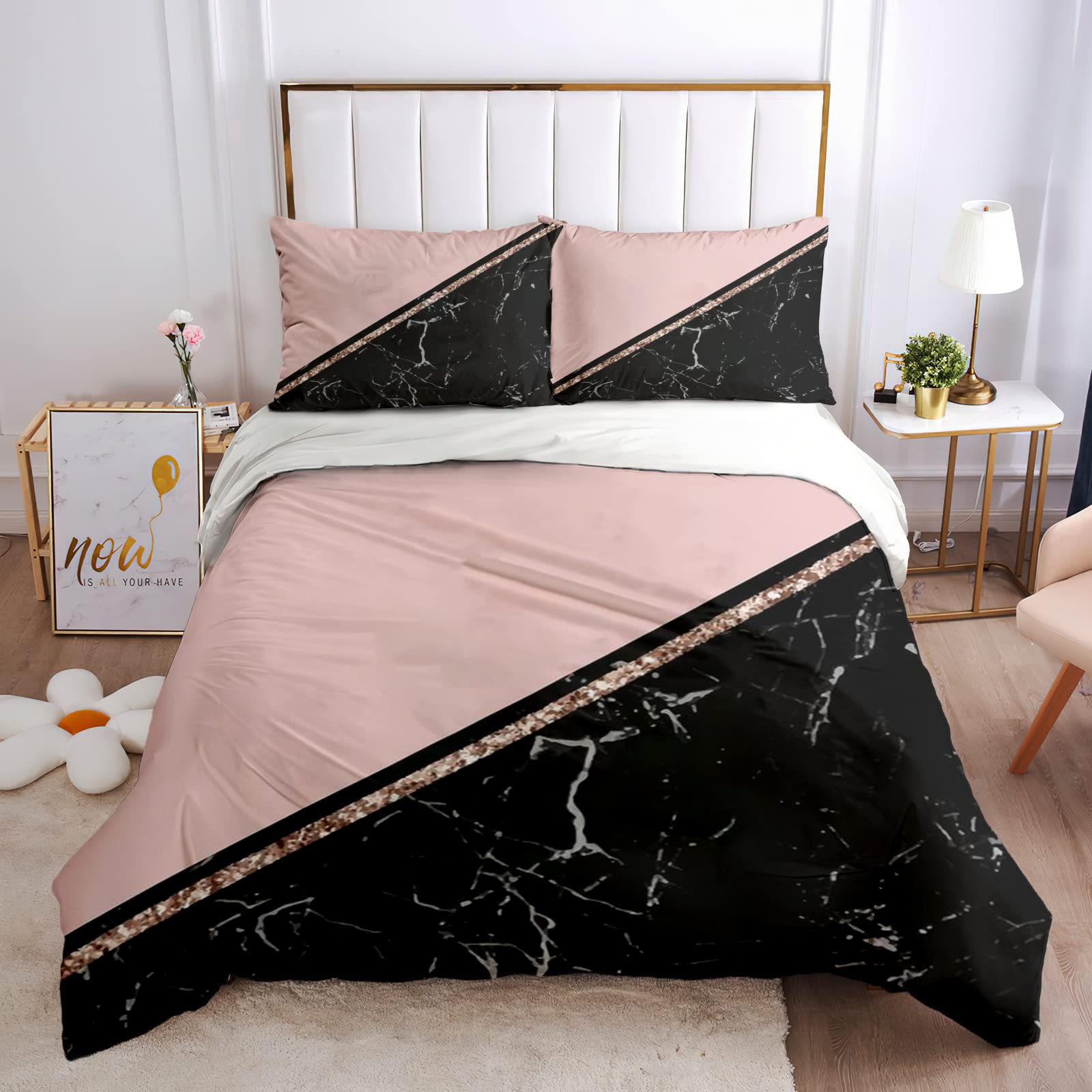 Pink Light Luxury Duvet Cover Set, Black Marble Pattern Printed Bedding Set, Bedding Microfiber Soft and Breathable with Zipper Lacing, Suitable for All Seasons-90 X 90" +2 Pillow Shams