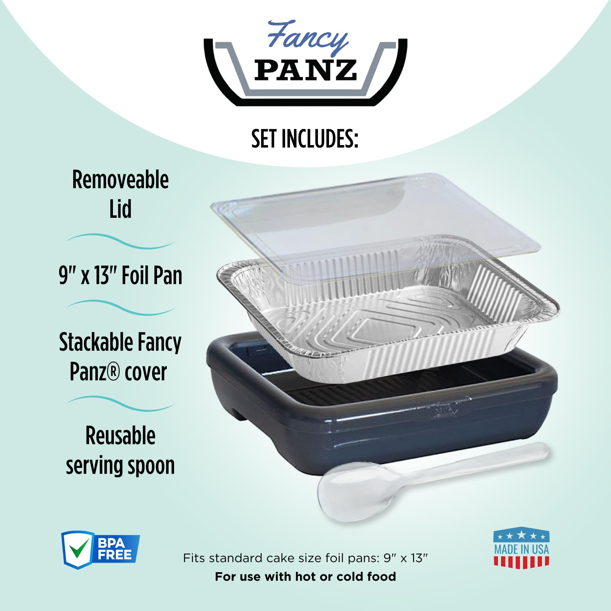 Fancy Panz, Serving Tray for Food, Made in the USA Foil Pan Carrier, Stackable Aluminum Pan Holders, 9x13x2 Cake Pan Travel Casserole Carrier With 1 Disposable Foil Pan & Serving Spoon, Marble