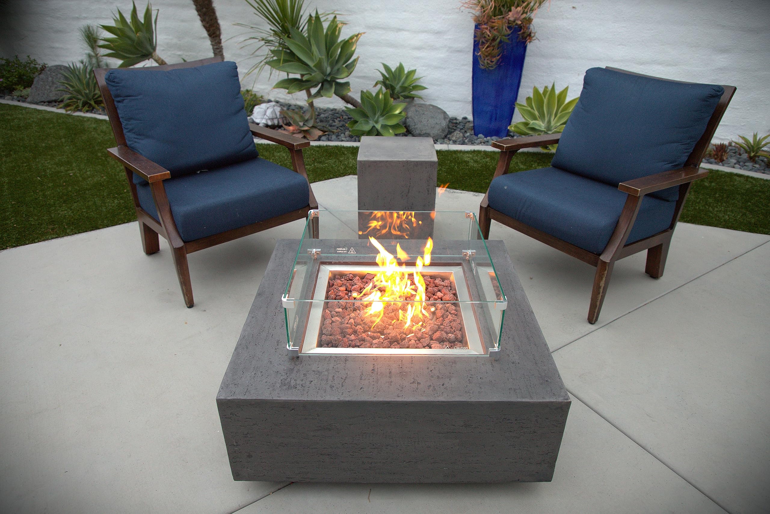 AMS Creations | Albany Square Natural Gas Outdoor Fire Pit Table | Concrete GFRC Fire Pit Table | with SS Burner, Canvas Cover, SS Lid, Lava Rock, and Wind Guard Included (Fuel Type: Natural Gas)
