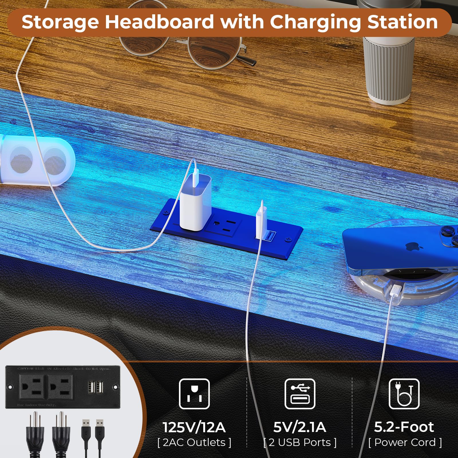 DICTAC King Size Bed Frame, Storage Headboard and Charging Station, Platform King Bed Frame with Led Lights, Solid and Stable, Noise Free, No Box Spring Needed, Easy Assembly, Black