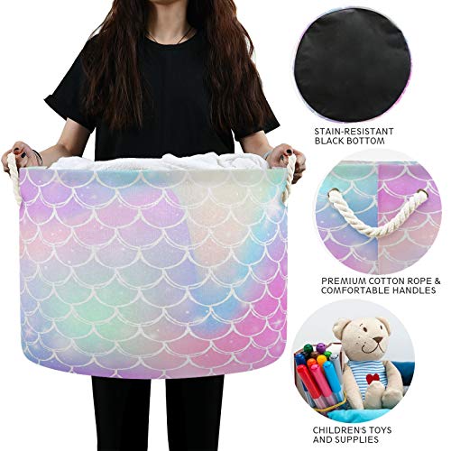 MNSRUU Storage Basket 20"x14" Rainbow Scales with Mermaid Collapsible Organizer Basket with Handles, Fabric Nursery Laundry Basket Large Capacity