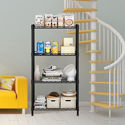SORCEDAS Shelve 4 Tier Adjustable Utility Metal Storage Wire Rack Unit for Home Kitchen Garage Bathroom Office Indoor Black (Black, 4 Tier-Adjustable Feets)