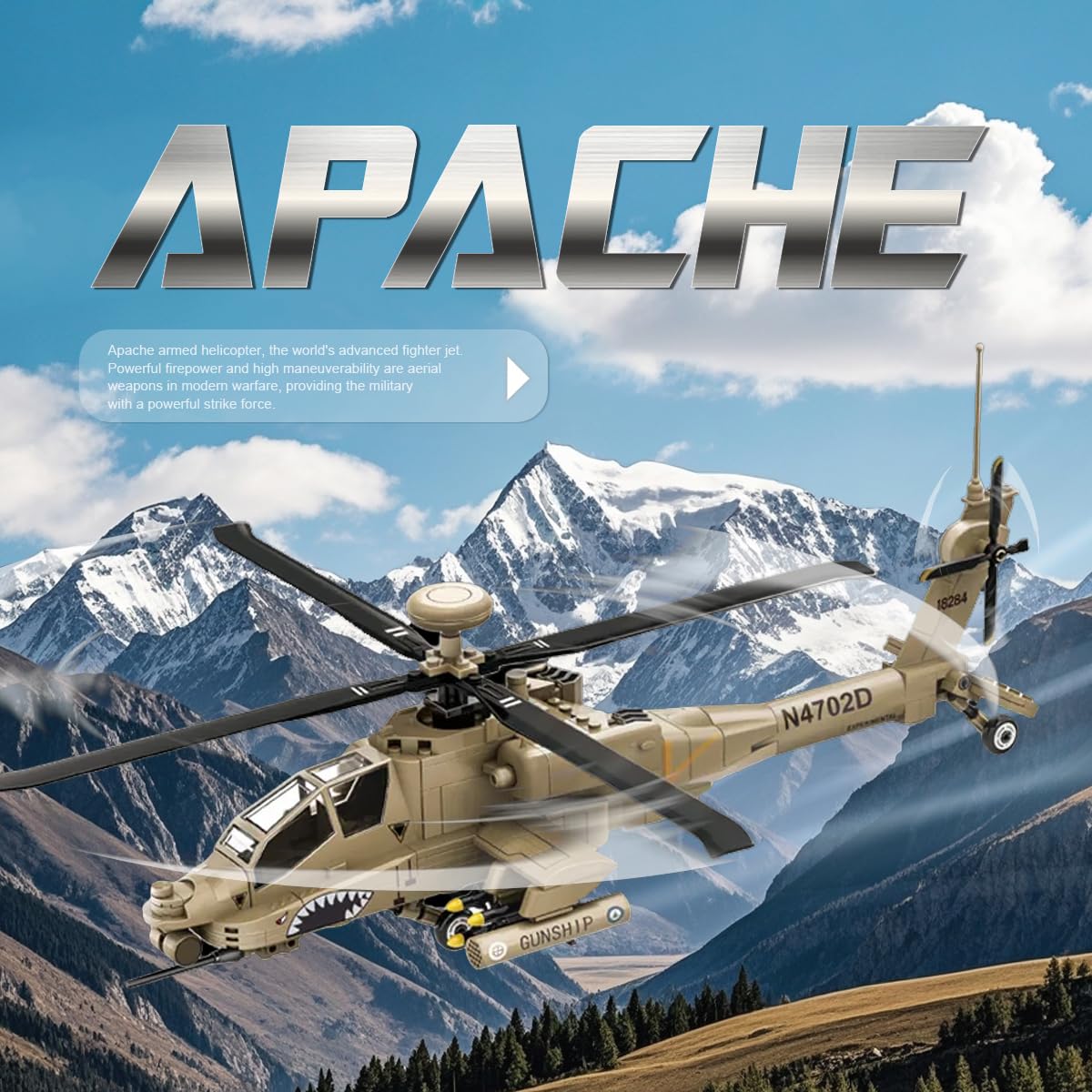 DAHONPA AH-64 Apache Helicopter Military Army Airplane Building Bricks Set, 255 Pieces Air-Force Build Blocks Toy, Gift for Kid and Adult.