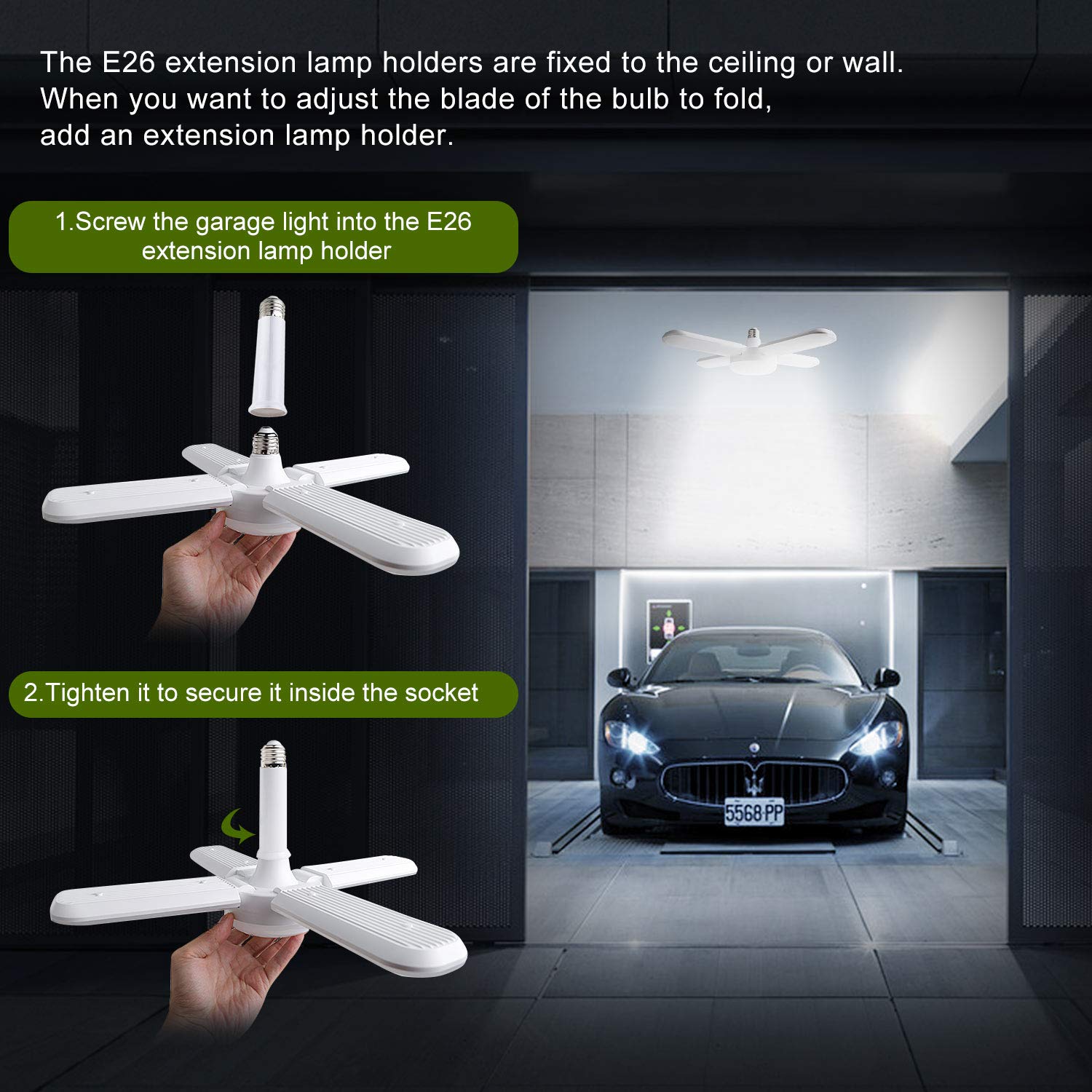 60W Deformable LED Garage Light with 4 Adjustable Light Panels & 1 Light Center, E26 Base with Extender 6000K Daylight White, 6000LM LED Shop Lights for Garage Warehouse Workshop Basement, 2Pack
