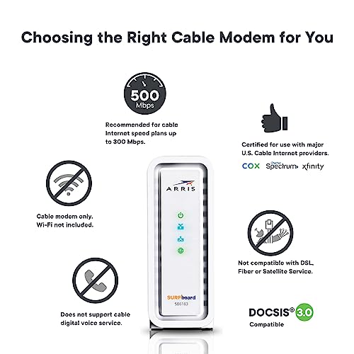 ARRIS SURFboard SB6183-RB DOCSIS 3.0 16x4 Gigabit Cable Modem, Comcast Xfinity, Cox, Spectrum and more, 1 Gbps Port, 400 Mbps Max Internet Speed, Easy Set-up with SURFboard Central App - RENEWED
