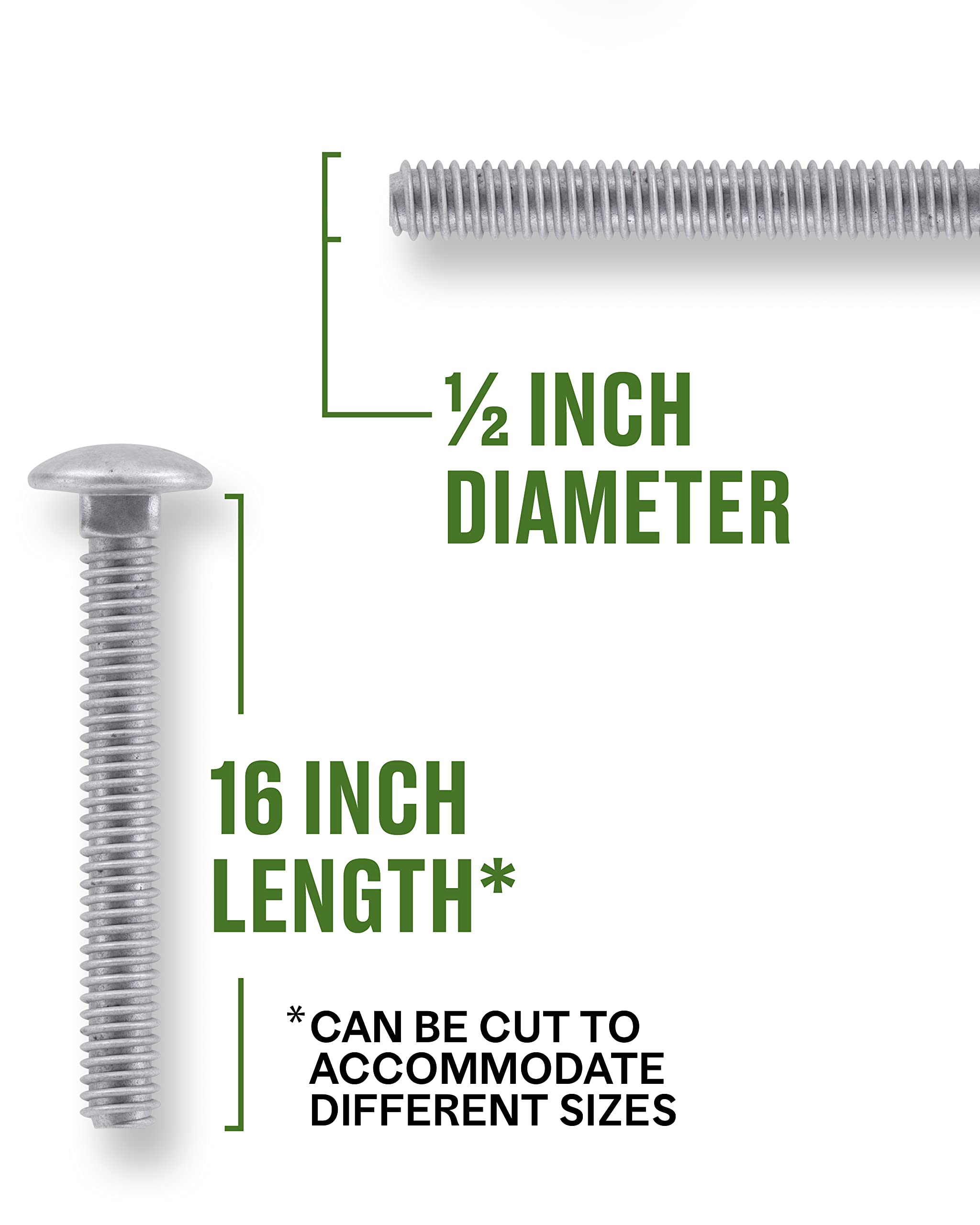 Hillman Group Galvanized Carriage Bolt 1/2” x 16”, 25 Count, Blunt Point, Alloy Steel, Self-Locking Round Head Fasteners, for Wood and Metal, No Washer Needed, Rust-Resistant (812642)