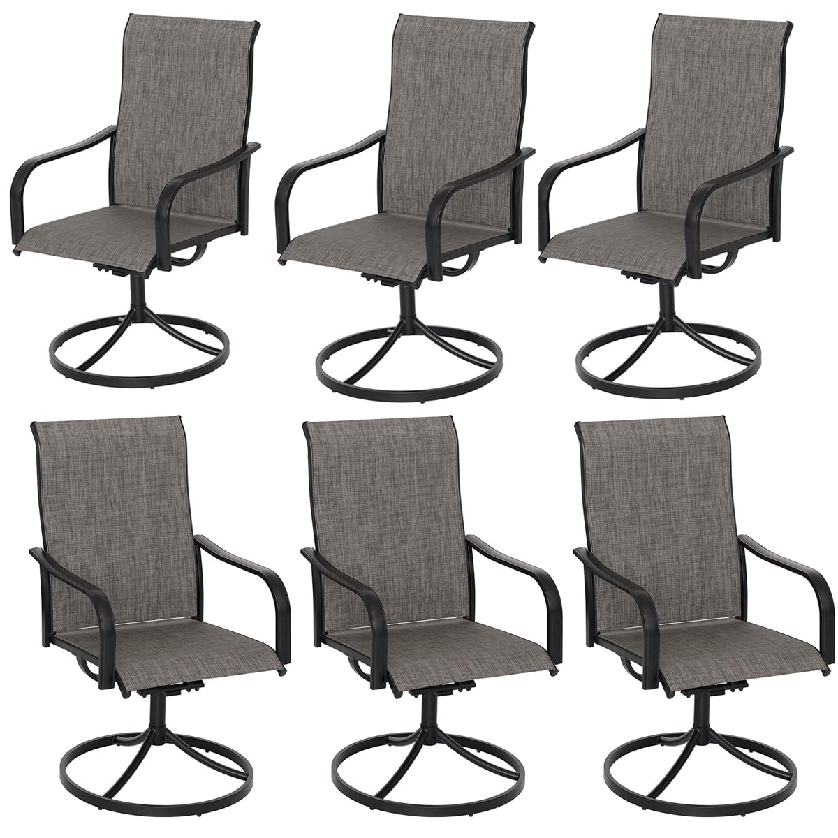 Anmutig Patio Swivel Dining Chairs Set of 6, Outdoor Furniture Textilene Mesh Fabric Outdoor Chairs with Armrest for Front Porch Patio Lawn Backyard, Black Frame Brown/Grey