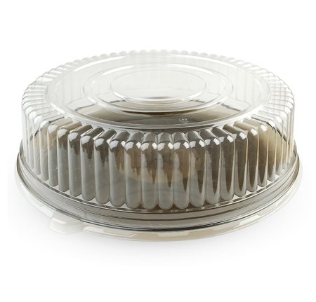 Fineline Settings 3510-BK, 16-Inch 7-Compartment Platter Pleasers Black Plastic Round Trays with Clear Dome PET Lids, Serving Plates, Disposable Display Dish, 12-Piece Case