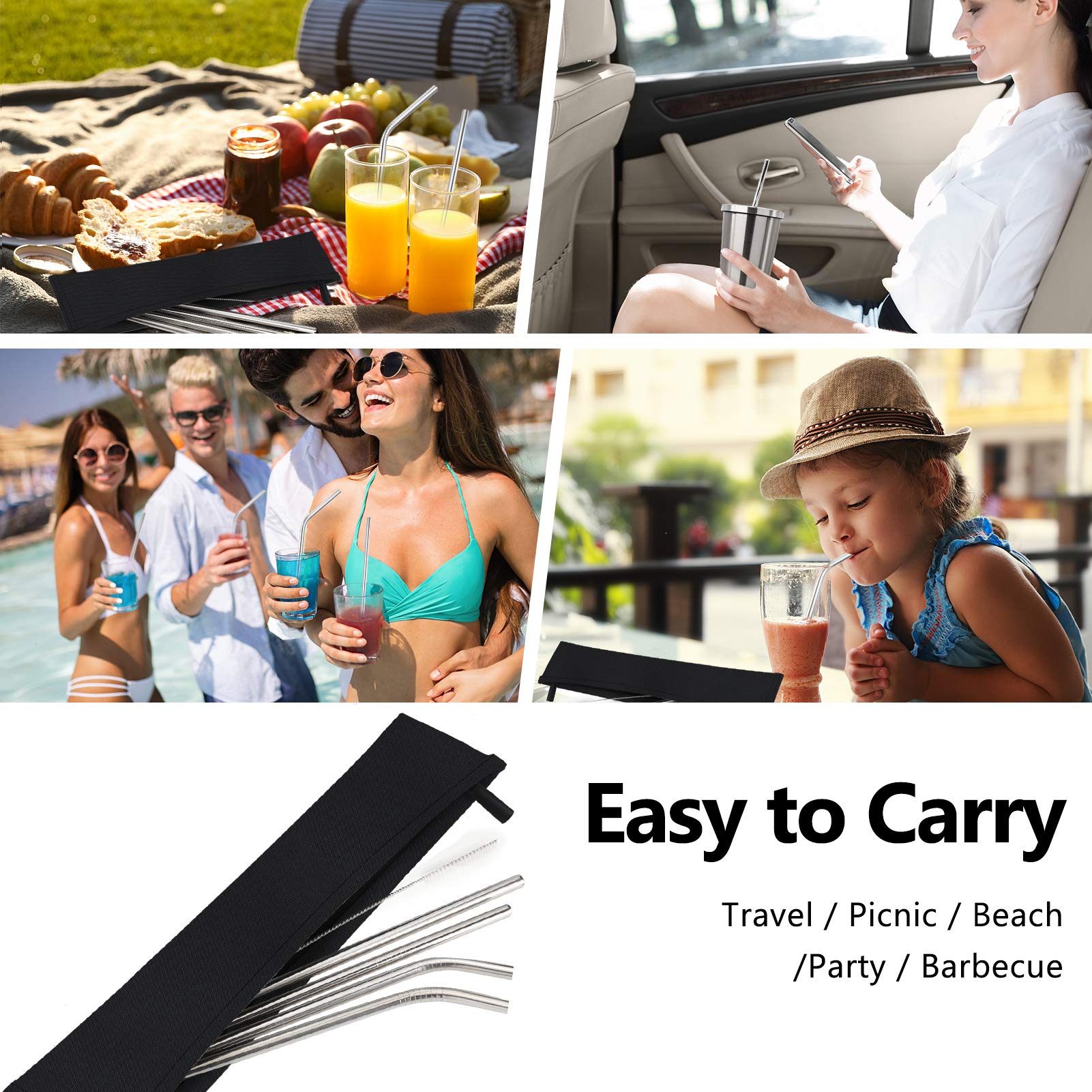 Aosbos Reusable Straws Pouch Carrying Case for Metal Straws Paper Straw Plastic Straws Disposable Straws Silicone Straws Tumbler Straws Case Stainless Steel Straw Bags Chopstick Container, Black
