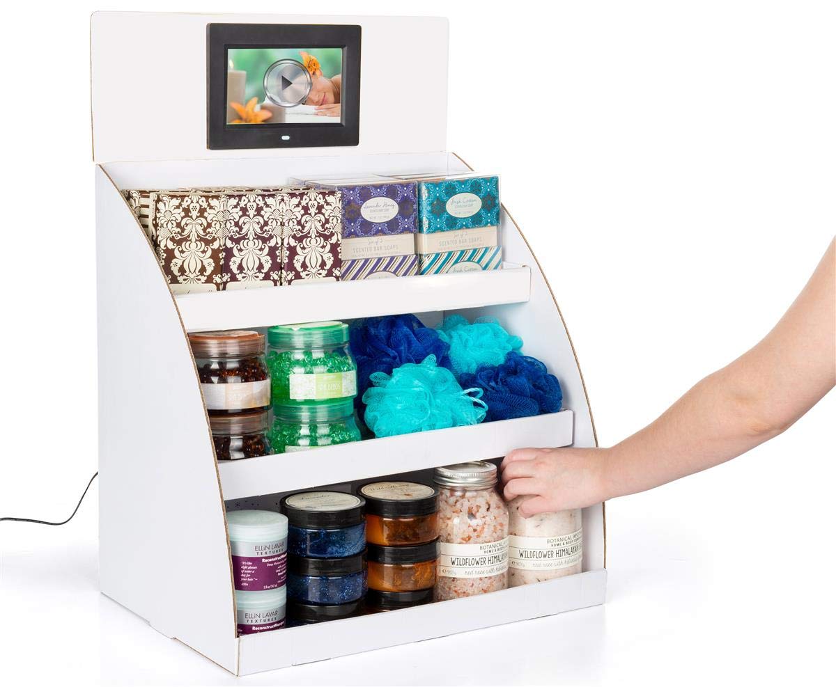 Displays2go Countertop Cardboard Shelving with 7" Digital Display – White (TBSH3WTDG)