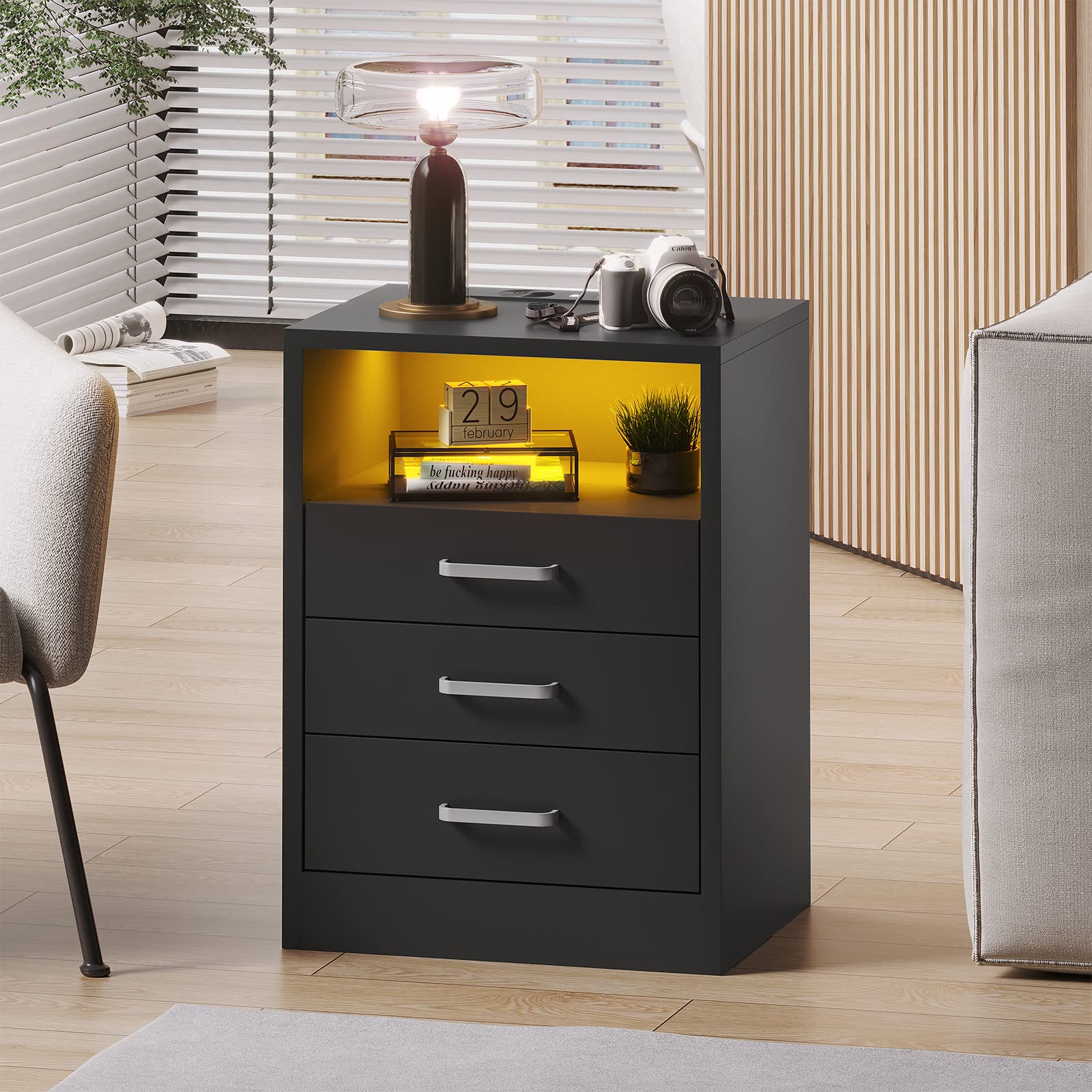 ADORNEVE Nightstand with Wireless Charging Station and LED Lights,Night Stand for Bedroom,Bedside Table with Drawers,Modern End Side Table,Black