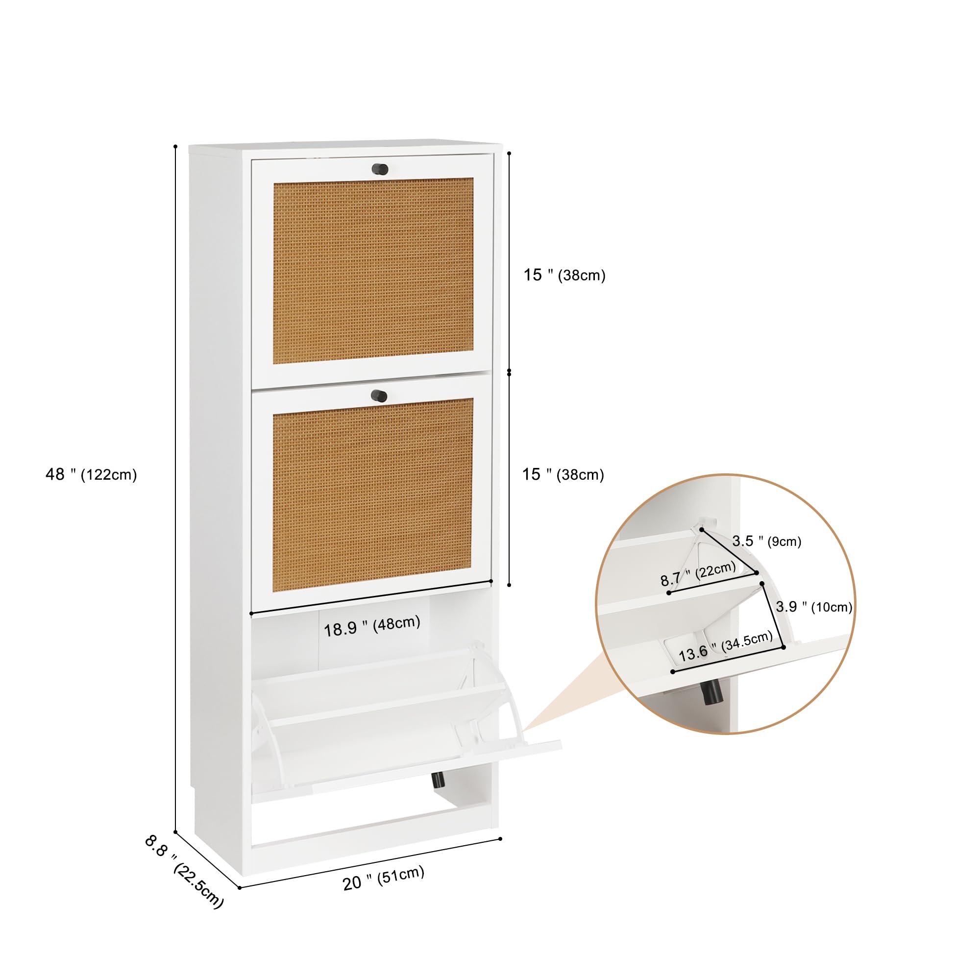 Anmytek Rattan Shoe Cabinet, Entryway Cabinet Wooden Shoe Rack with 3 Flip Drawers, 3-Tier Shoe Storage Cabinet for Entryway Hallway, White S0003
