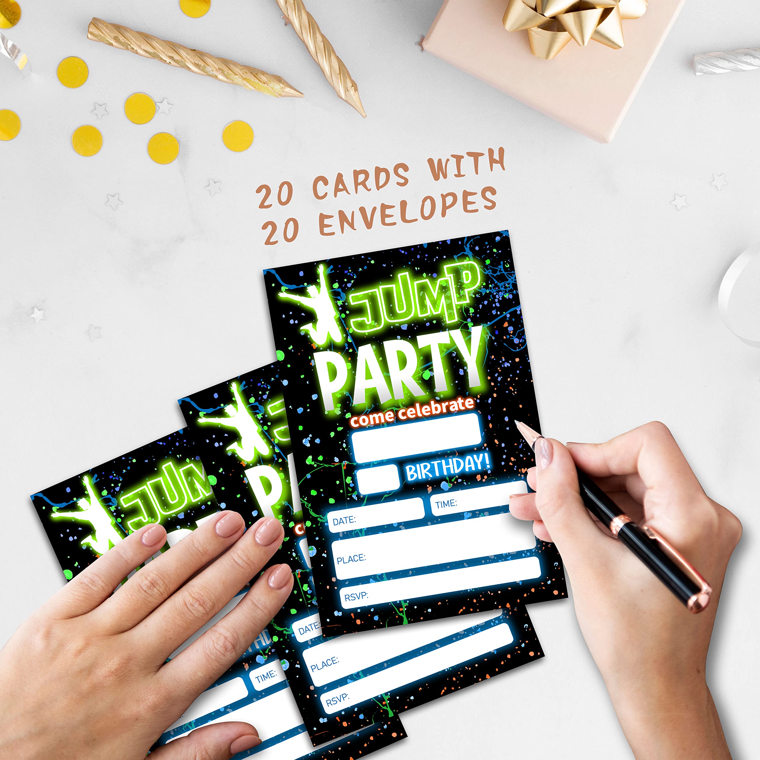 TIOFUNO Glow Jump Birthday Party Invitations(4" X 6"), Trampoline Park Bounce House Party Fill-In Invites, 20 Invitation Cards With Envelopes-B03