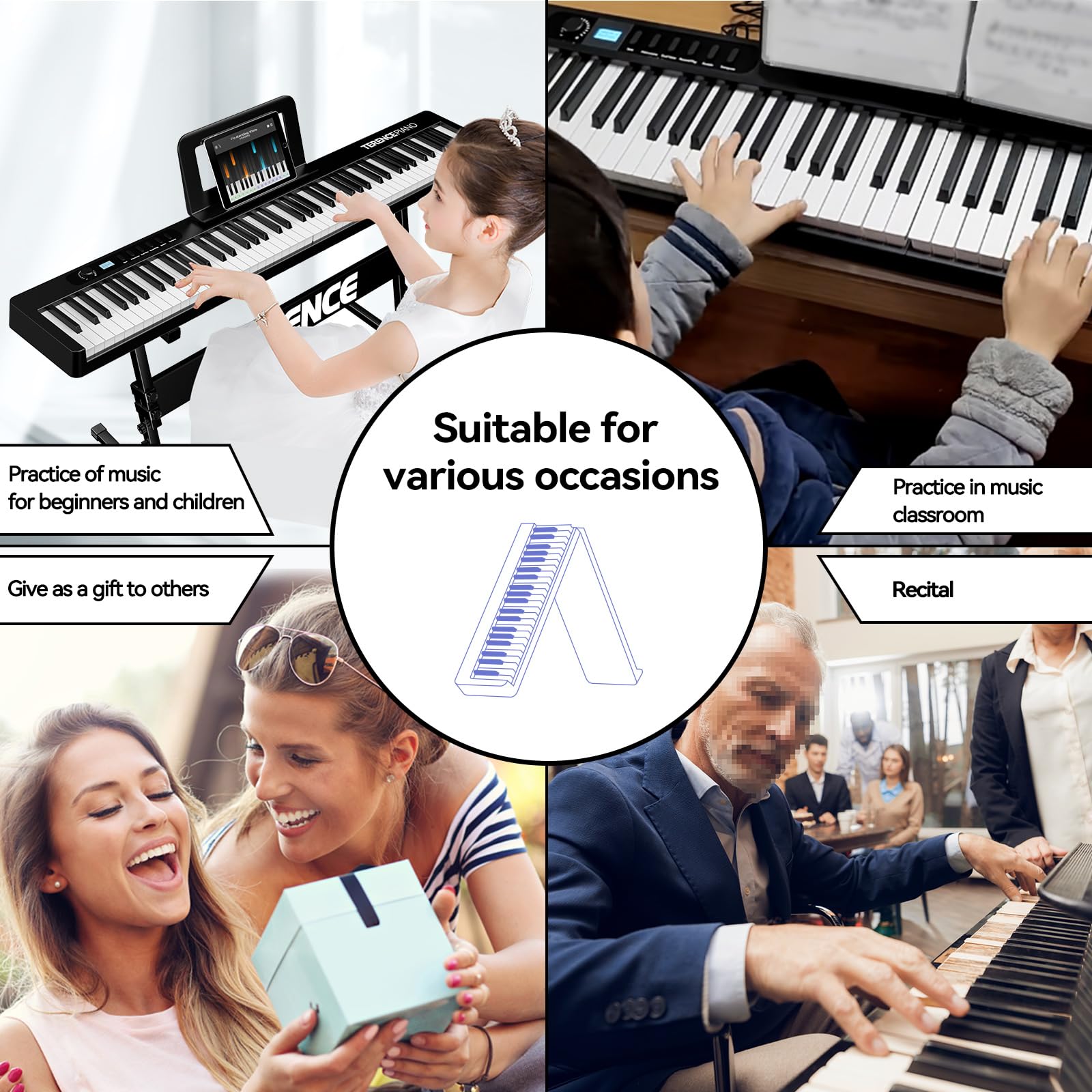 61-Key Foldable Digital Piano Keyboard, Full Size Semi-Weighted Keyboard & 1800mAh Battery Support USB/MIDI with Bluetooth Sheet Music Stand Sticker Bag Audio Cable Earphones Fit for Beginners Kids
