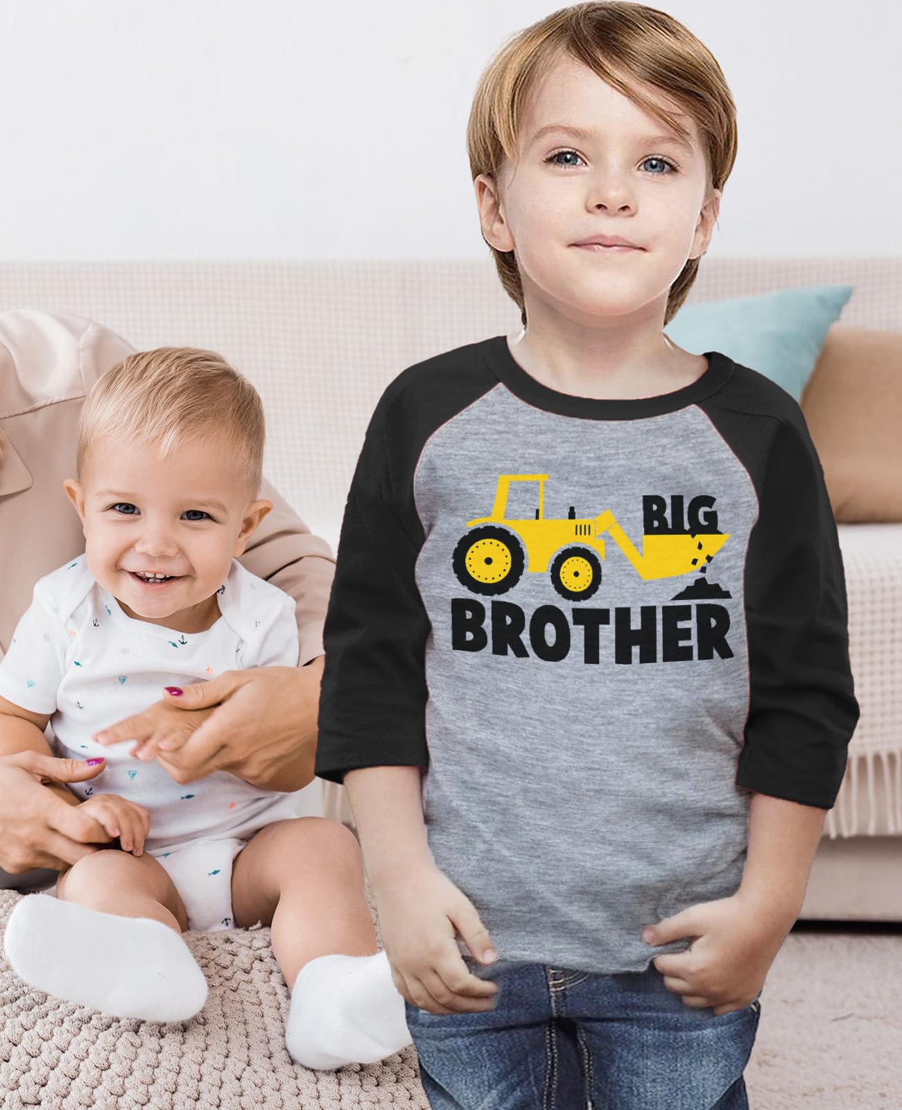 Tractor Construction Big Brother Shirt Sibling Boys Toddler Kids 3/4 Sleeve Baseball Jersey T-Shirt 3T Dark Gray