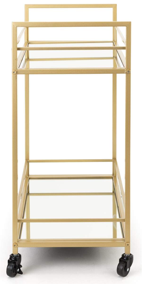 Displays2go Rolling Metal Bar Cart, Mirrored Glass Shelves, Four Swiveling Casters - Gold (FSBEVCART1)