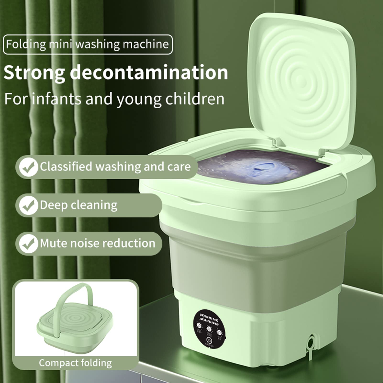 Chpbolly Portable Washing Machine, Mini Foldable Washer and Spin Dryer Small Foldable Bucket Washer, Suitable for Apartment Dorm,Travelling,Best Gift Choice (Green-8 L) (01)