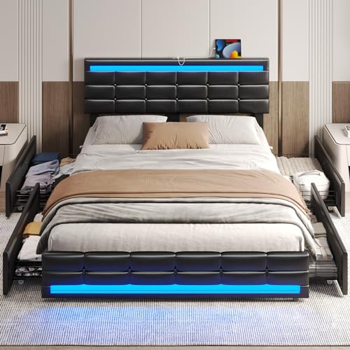 ADORNEVE Queen Bed Frame with LED Lights Leather Platform Bed with Storage Drawers and Charging Station, LED Bed Frame Queen Size with Adjustable Headboard, No Box Spring Needed, Black