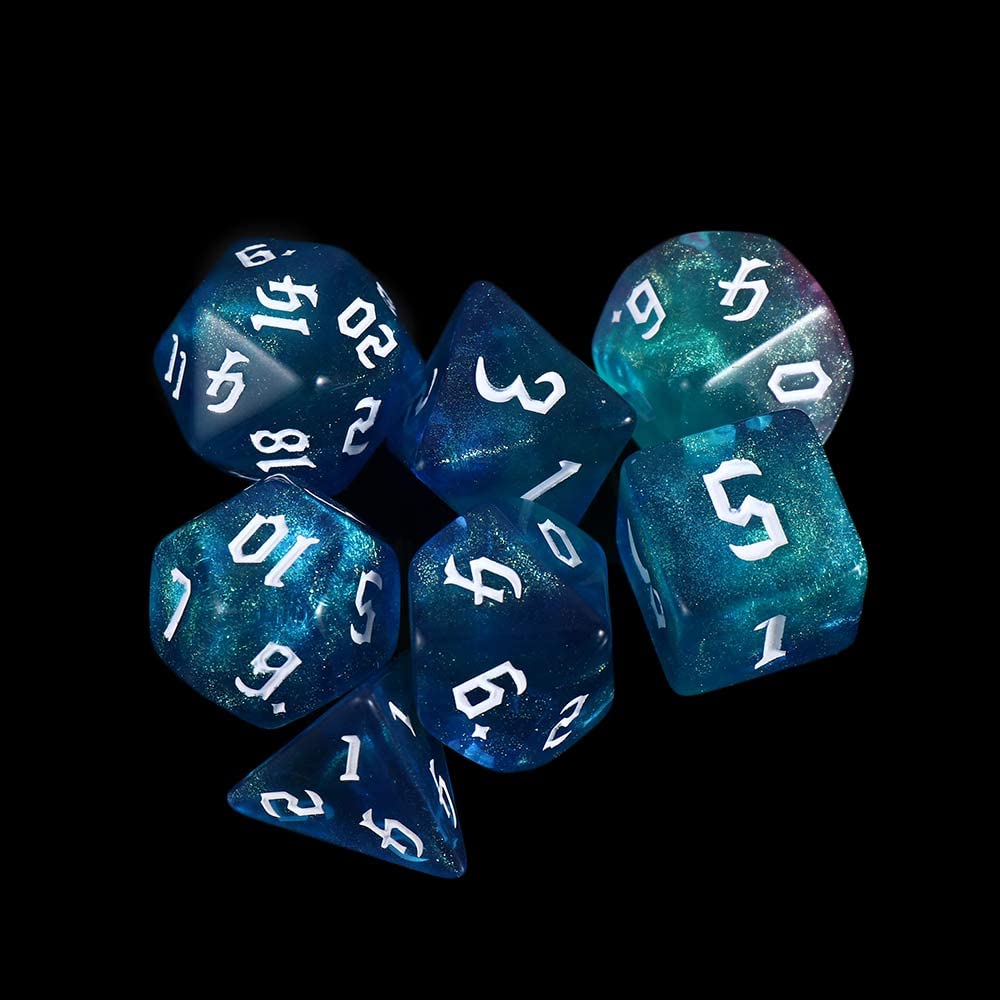 7-Die Dice Set: Package, Iridescent Glitter Polyhedral 7-Die Two-Tone Dice Set,for DND Enthusiast RPG Adventurer(Rose + Purple)