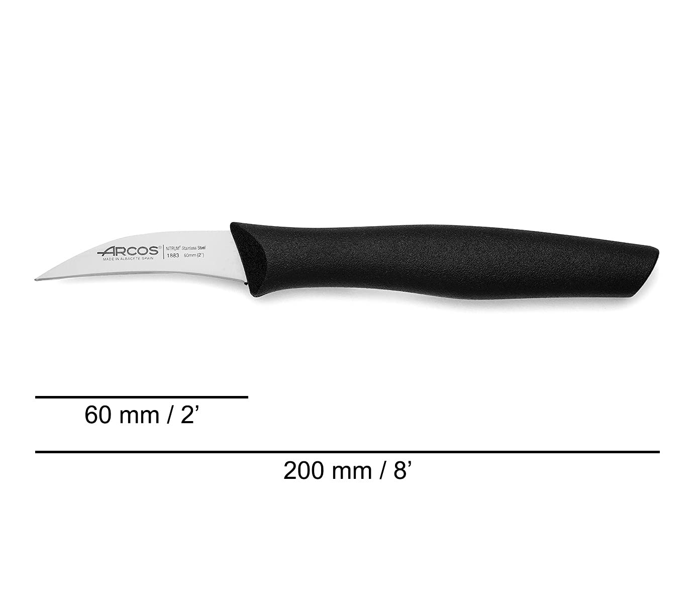 ARCOS Bird's Beak Paring Knife 2 Inch Stainless Steel. Professional Kitchen Knife for Cut, Peel and Clean Food. Ergonomic Polypropylene Handle and 60 mm Blade. Series Nova. Color Black.