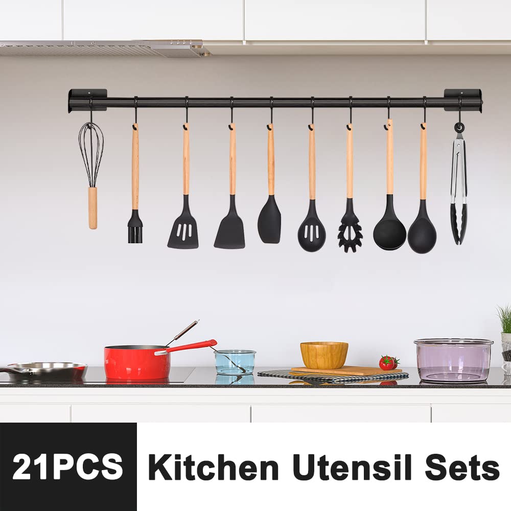 ADOSON Kitchen Utensil Set, 21 Cooking Utensils Set, Silicone and Wooden Handle Kitchen Utensils with Holder, Non-Stick and Heat Resistant, Kitchen Cooking Utensils Spatula Set, Baking, Frying(Black)