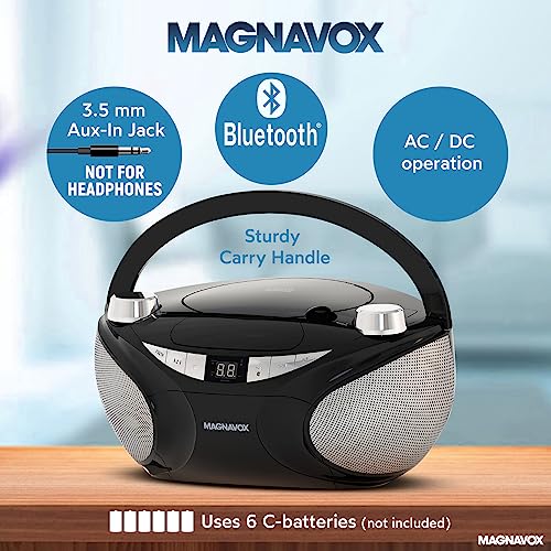 Magnavox MD6949-BK Portable Top Loading CD Boombox with AM/FM Stereo Radio and Bluetooth Wireless Technology in Black | CD-R/CD-RW Compatible | LED Display |