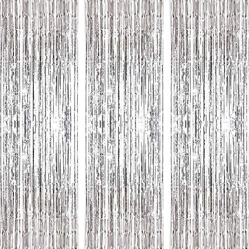 CareCheer 3 Pack 3.2ft x 6.6ft Silver Metallic Foil Fringe Backdrop Tinsel Sparkle Door Window Curtain Backdrop for Birthday Bachelorette Wedding Christmas New Year Party Decorations