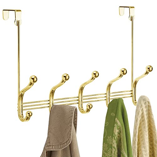 iDesign York Lyra Steel Over-The-Door 10-Hook Storage Rack - 5" x 14.9" x 11", Gold Brass