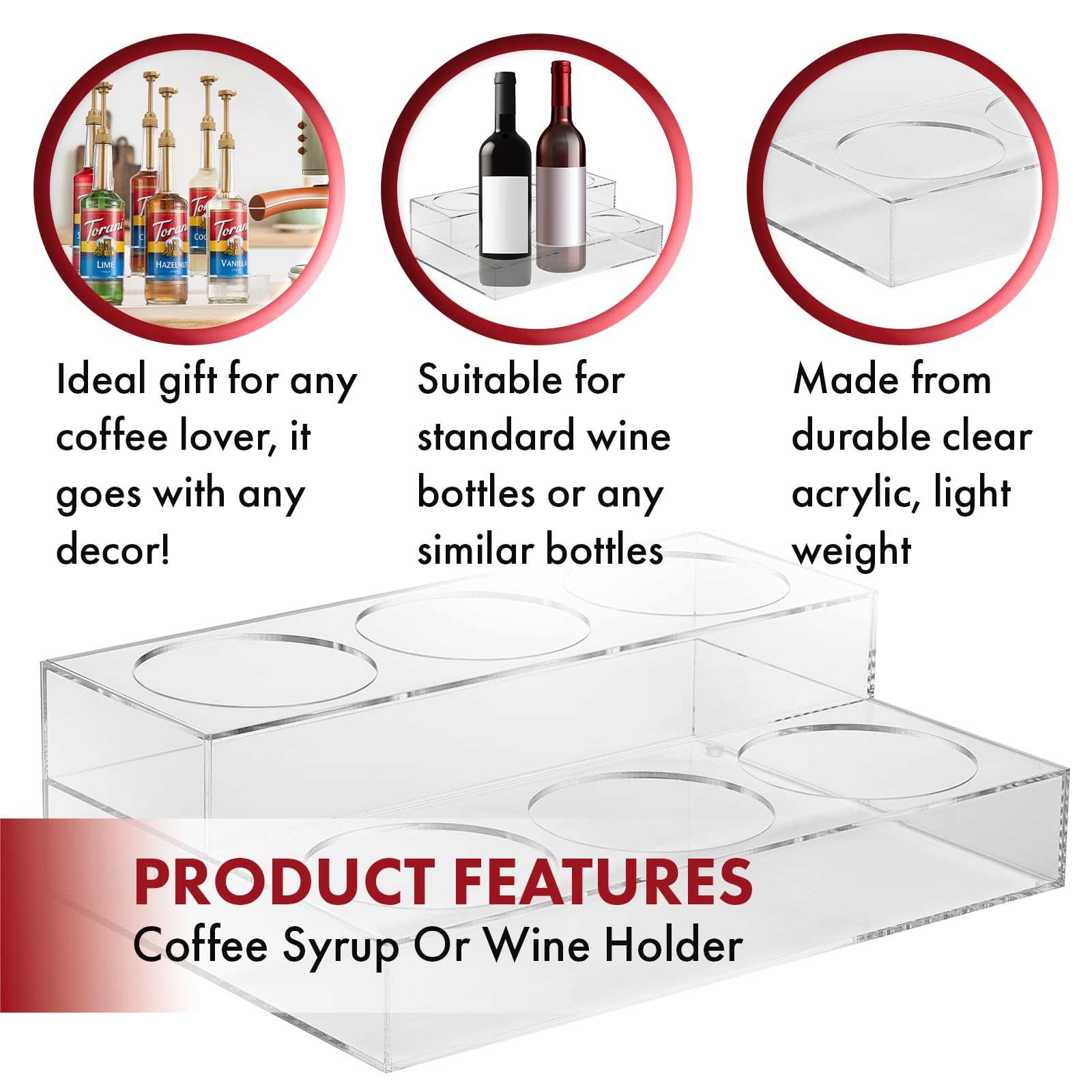 Acrylic Bottle Holder, Coffee Syrup Rack Display Case | 2-Tiered 6 Bottle | Wine Bar Bottle Rack, Clear Shelf Rack for Kitchen, Countertop, Fridge Pantry Storage Organizer - Wine, Soda, Cans, Liquor