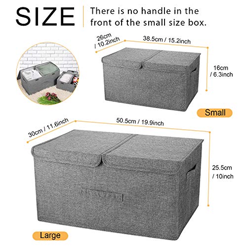 Valease 2 Pack Large Storage Boxes with Lids and Handles, Collapsible Linen Storage Bins Organizer Containers Baskets Cube with Removable Divider for Home Bedroom Closet Office (Grey, Large)
