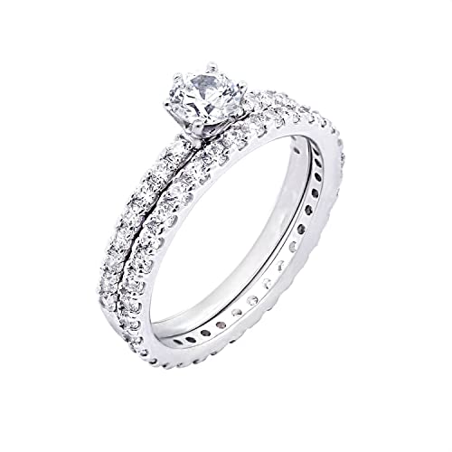 Amazon Essentials Platinum Plated Sterling Silver Infinite Elements Cubic Zirconia Round Brilliant Cut Two-Piece Bridal Ring Set (previously Amazon Collection)
