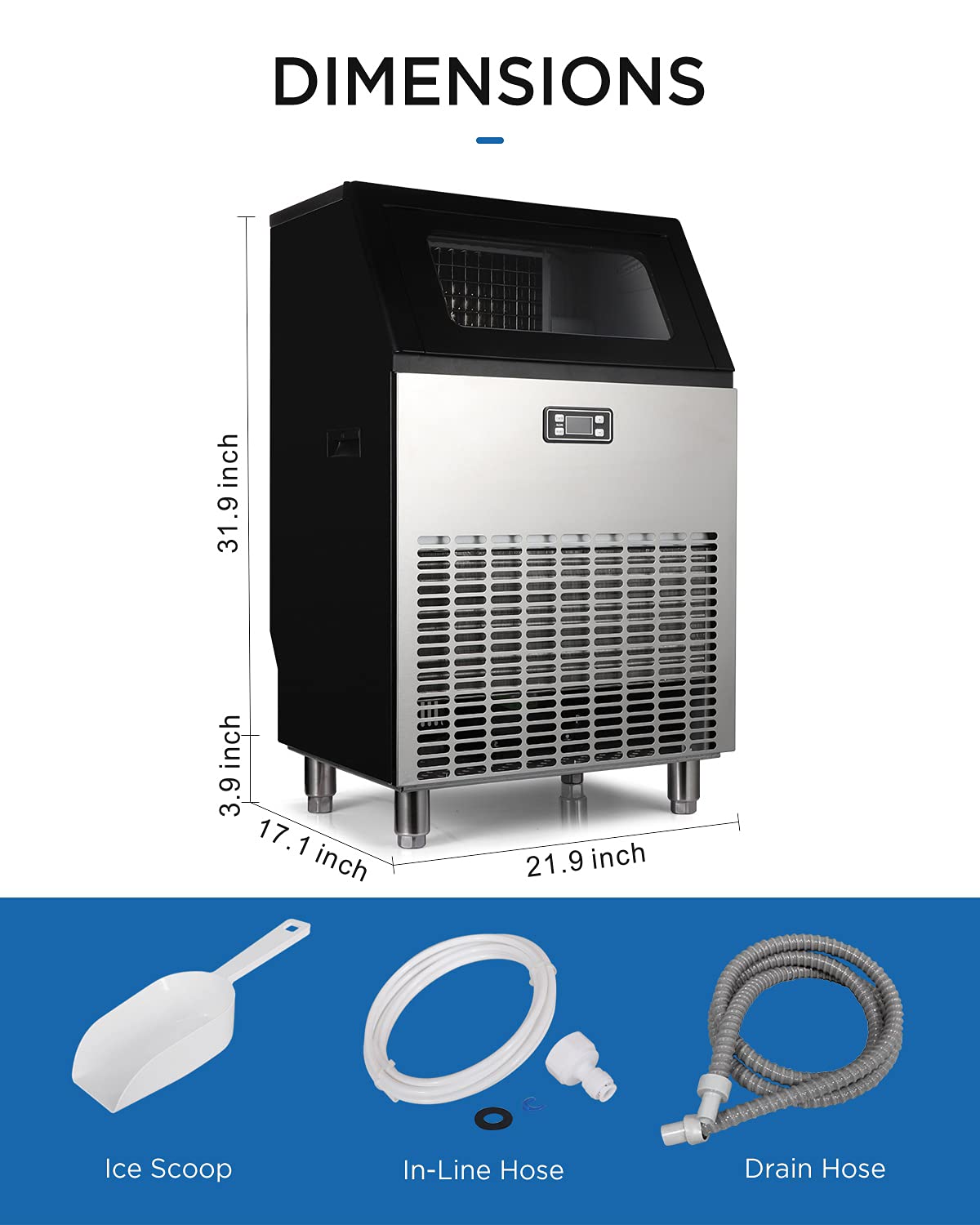 ADT Ice Mahcine Stainless Steel Under Counter Freestanding Commercial Ice Maker Machine for Home/Kitchen/Office/Restaurant/Bar/Coffee (270LB, Single-Water Inlet)