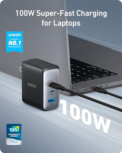 Anker 100W USB C Charger Block(GaN II), 3 Port Fast Compact Wall Charger for MacBook Pro, MacBook Air, Google Pixelbook, ThinkPad, Dell XPS, iPad Pro, Galaxy S22/S20, iPhone 15/14/Pro, and More