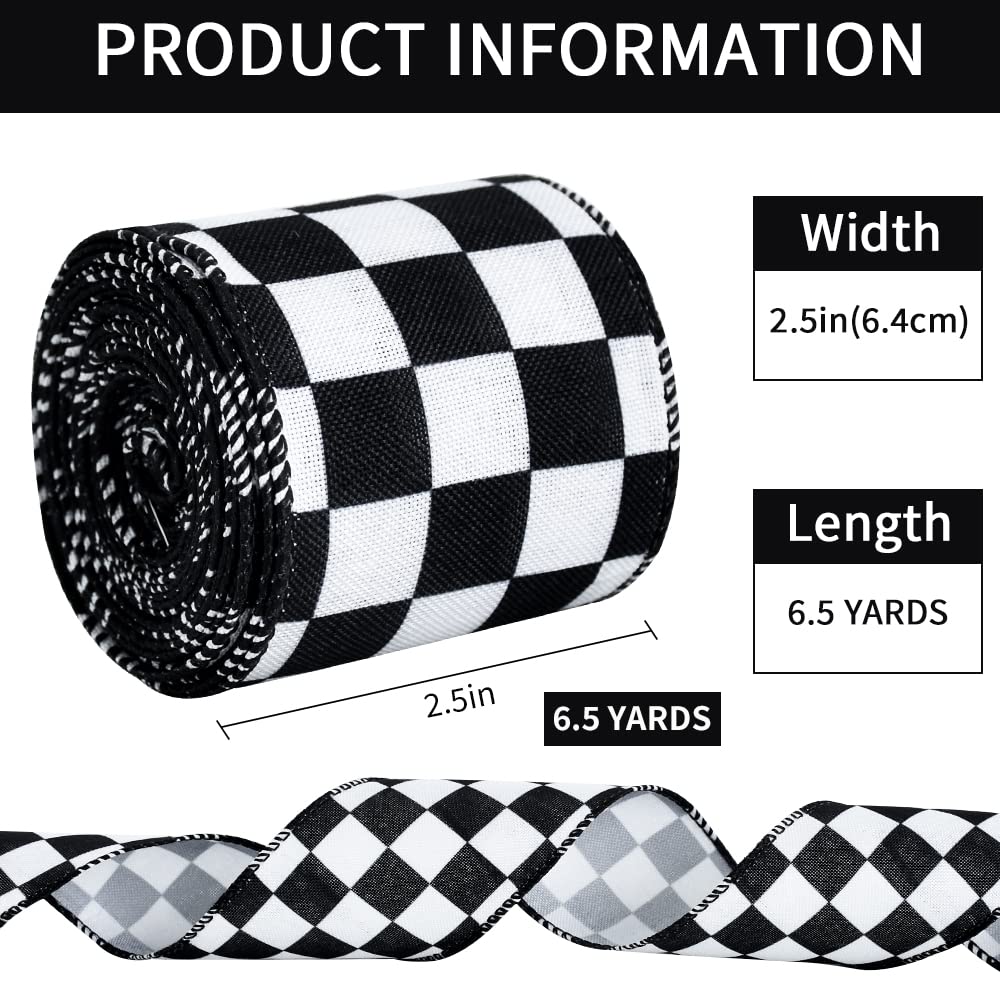 TONIFUL 2.5 Inch Black and White Wired Edge Ribbon, Plaid Check Burlap Ribbon, Blakc White Wired Ribbon for Gift Wrapping, Wreath Bows Making, Crafts Home Party Christmas Tree Decoration(Check,6yds)