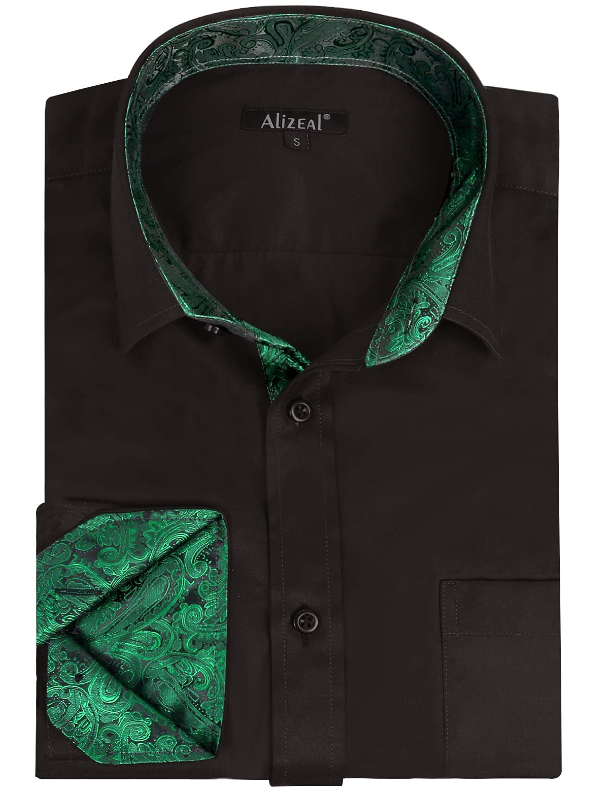Alizeal Men's Business Slim Fit Dress Shirt Long Sleeve Patchwork Button-Down Shirt, Black and Dark Green-L