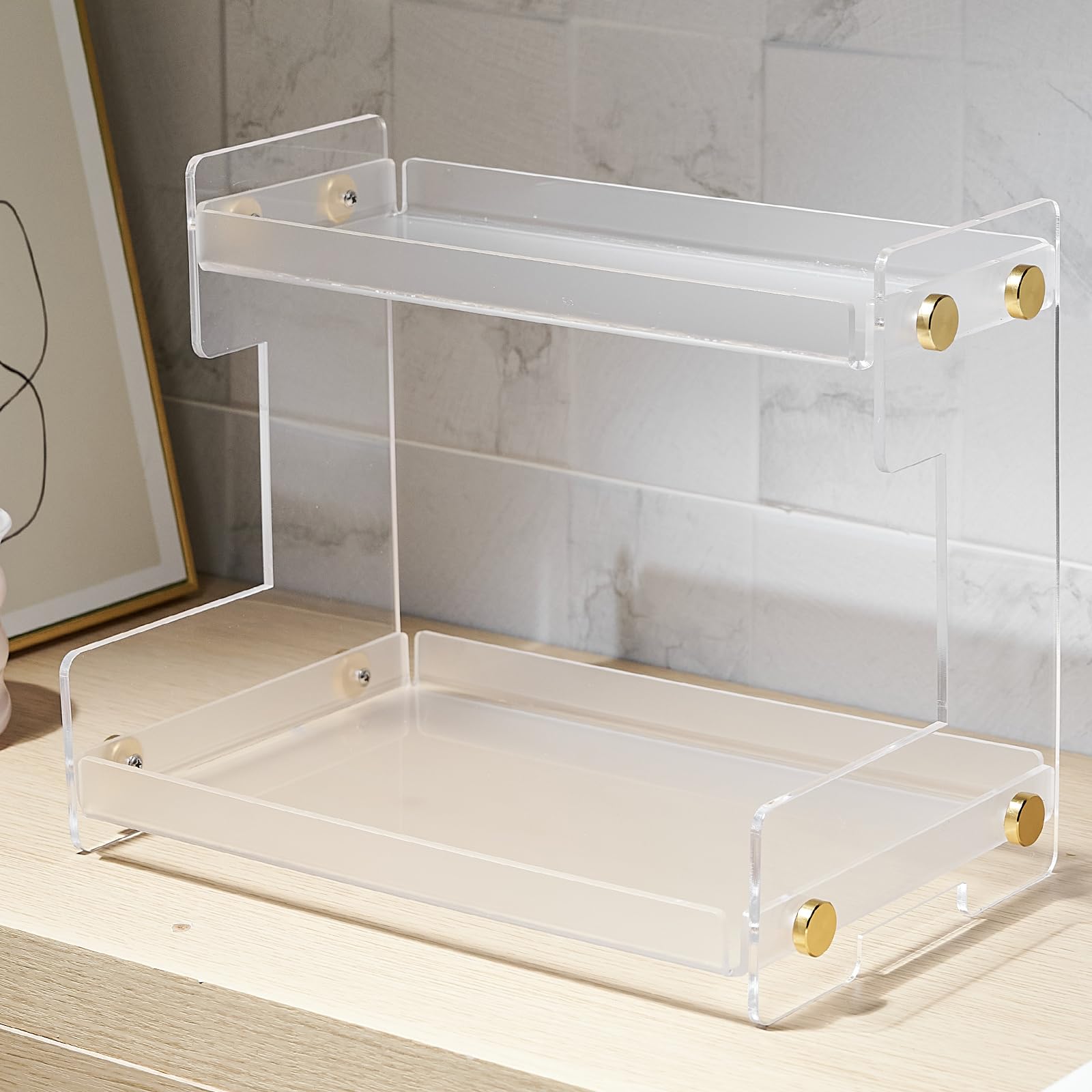 BATHLAVISH Frosted Bathroom Countertop Organizer, Acrylic Vanity Counter Organizer, 2-Tier Cabinet Organizer Makeup Cosmetics Storage Vanity Holder for Lipstick
