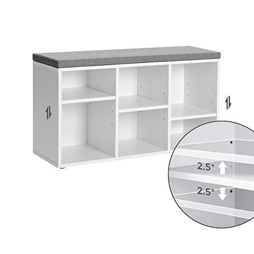 VASAGLE Shoe Bench, Shoe Storage Organizer with 6 Compartments and 3 Adjustable Shelves, Cushioned Seat, Compact and Narrow, for Entryway, Hallway, Closet, White and Gray ULHS23WT