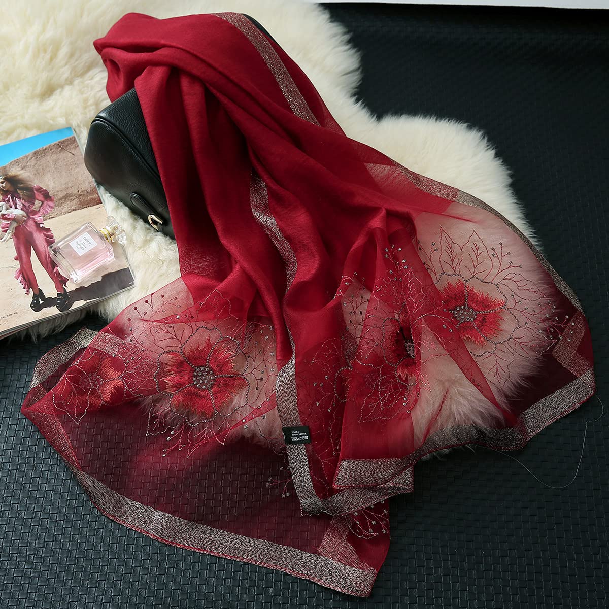WINCESS YU Women Mulberry Silk Scarf Long & Large Embroidered Floral Pattern Shawl and Wraps Neckerchief for Hair & Neck (Sunflower Wine Red)