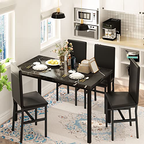 Hooseng Dining Table Set for 4, Space Saving Kitchen Table and Chairs for 4, Modern Style Faux Marble Tabletop & 4 PU Leather Chairs, Perfect for Dining Room,Breakfast Corner Small Spaces,Black