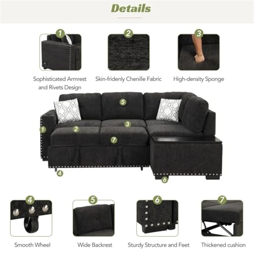 ADUH 83.8" L-Shaped Sofa,Comfy Couch,Reversible Sectional Pull-Out Sofa Bed with Storage Chaise,USB Power Sockets