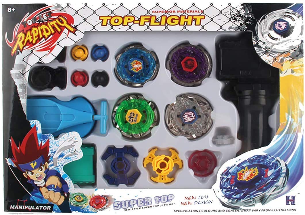 Bey Metal Fusion Blades Burst Turbo Evolution Battling Tops Master Starter Set Storm Pegasus/Flame Libra/Earth Eagle/ Lightning L-Drago with 4D Spinning Launcher Grip,Burst Gyro Toy Set Gift for Boys