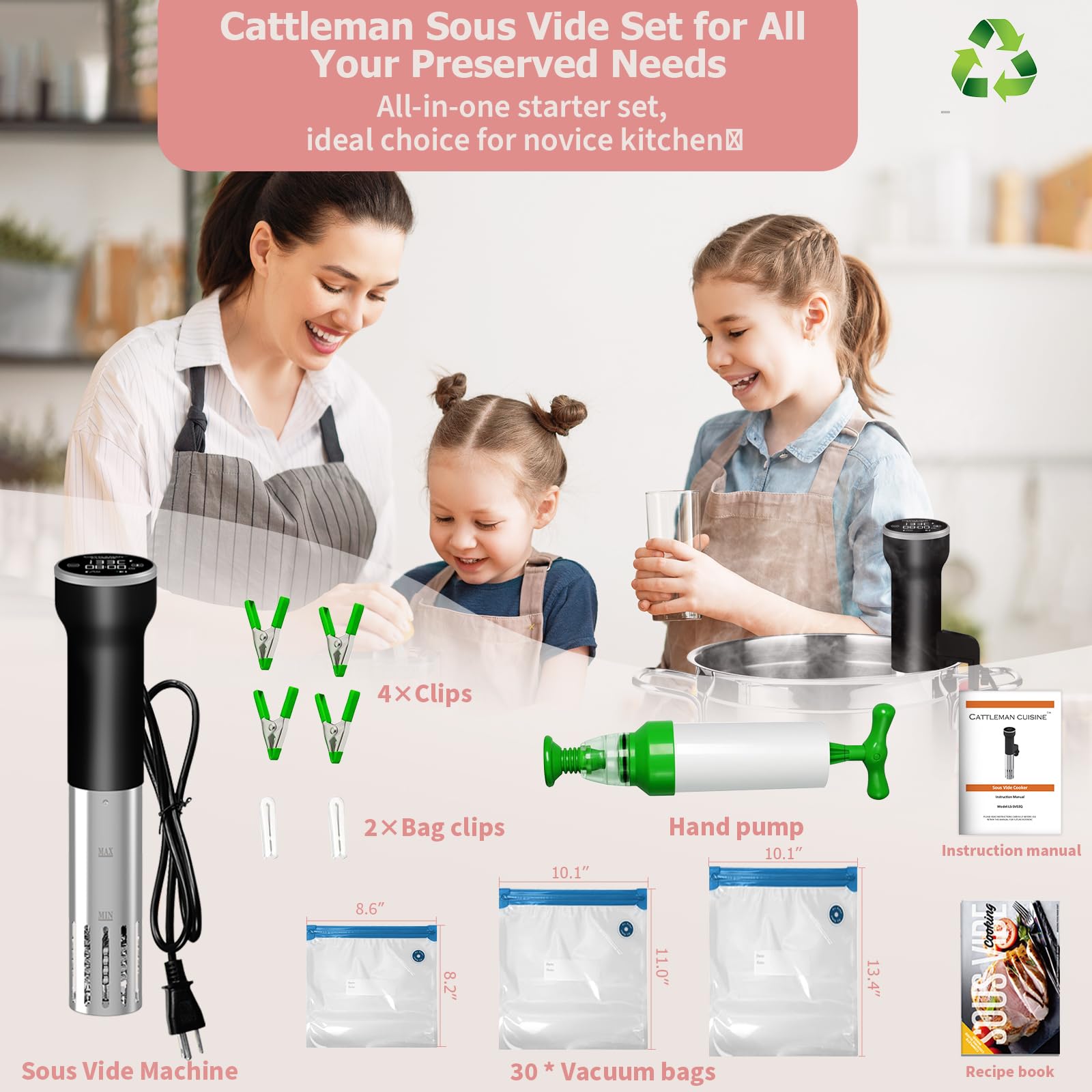 Sous Vide Cooker WiFi Kit, Cattleman Cuisine Sous Vide Machine, Immersion Circulators for Suvee Cooker Kit with Vacuum Bags, Vacuum Pump, Precision Temperature Timer, 1000W, Noise-free, Waterproof
