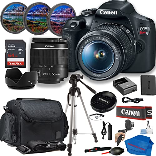 Canon Rebel T7 Bundle: Includes 18-55mm is II Lens, Tripod, 64GB Memory Card, Carry Case, and 3-Piece Filter Kit for Stunning Photos and Videos