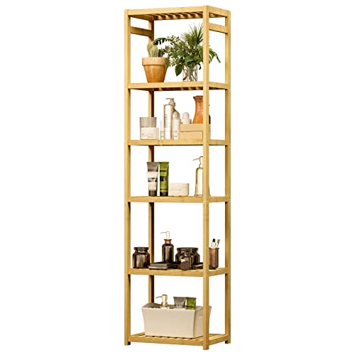 VIAGDO Bamboo Bathroom Shelf 6-Tier, 64.2" Height Narrow Shelving Unit, Multifunctional Storage Rack, Plant Stand Wood Corner Shelf for Kitchen, Livingroom, Hallway, Bathroom Storage Organizer Shelf