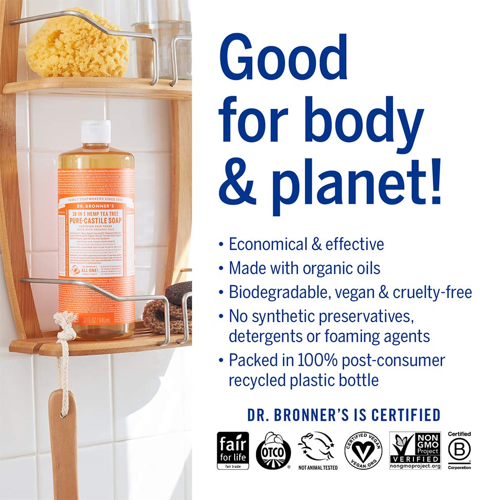 Dr. Bronner's - Pure-Castile Liquid Soap (Tea Tree, 32 ounce) - Made with Organic Oils, 18-in-1 Uses: Acne-Prone Skin, Dandruff, Laundry, Pets and Dishes, Concentrated, Vegan, Non-GMO