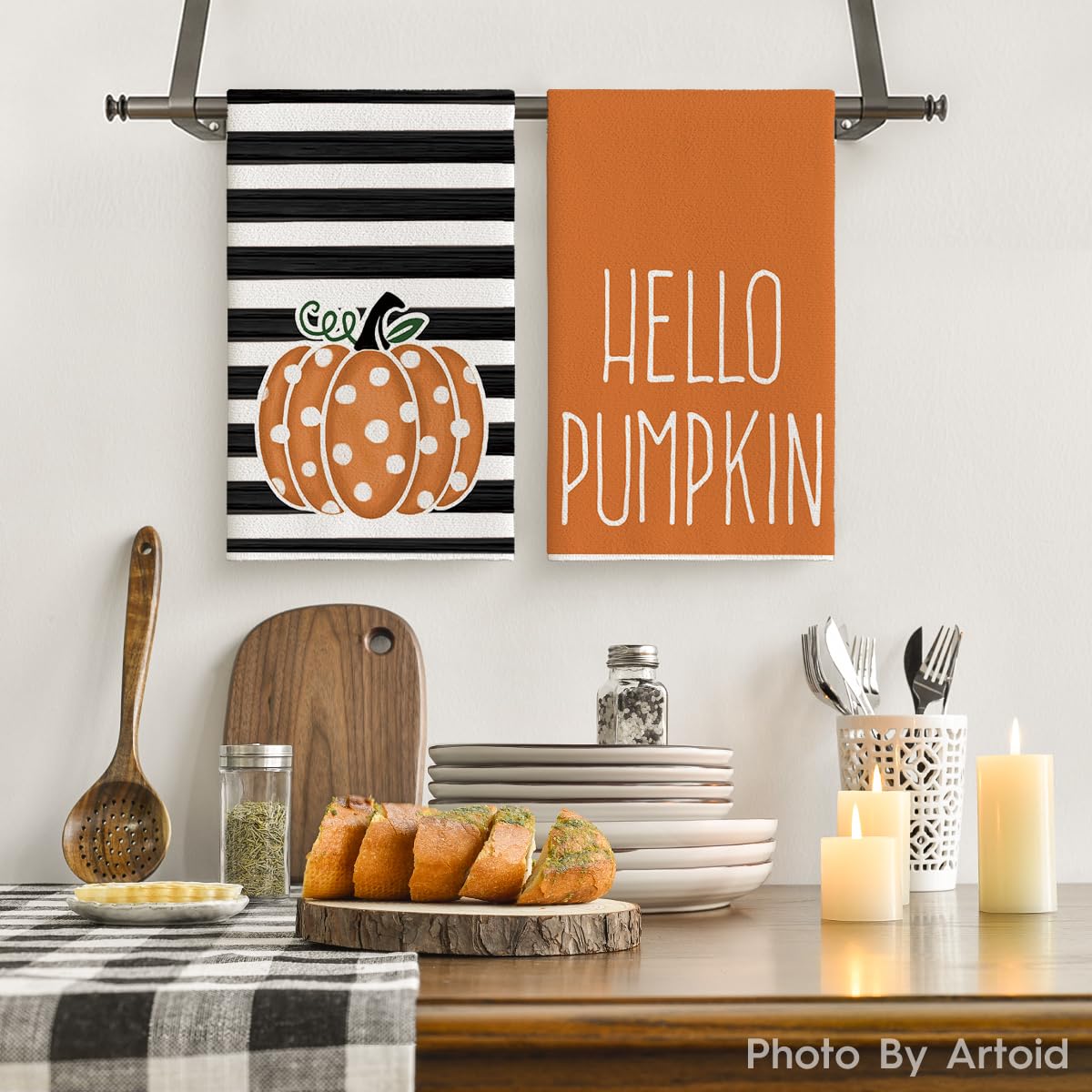 Artoid Mode Stripes Polka Dot Hello Pumpkin Fall Kitchen Towels Dish Towels, 18x26 Inch Farmhouse Maple Leaves Decoration Hand Towels Set of 4